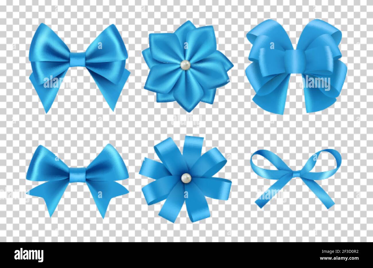 Blue satin bows. Silk ribbon bows vector with pearls isolated on ...