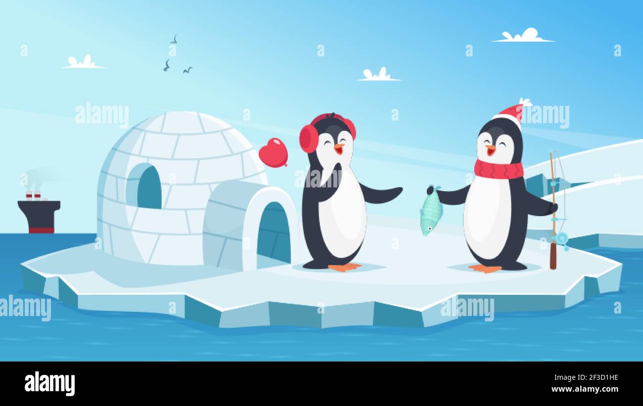 Cute penguins in love. Christmas winter animals. Cartoon penguins on ...