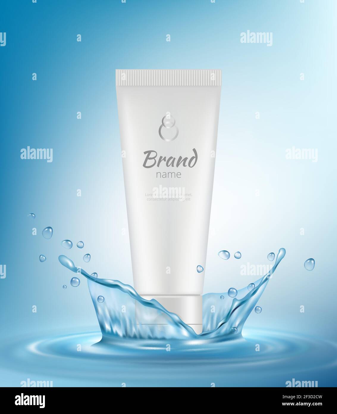 Cosmetic ads. Water liquid splashes drops with cosmetics tubes or ...