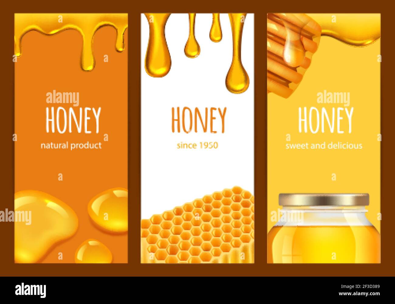 Honey flyers. Sweet realistic honey, honeycomb, gold splashes. Vector ...