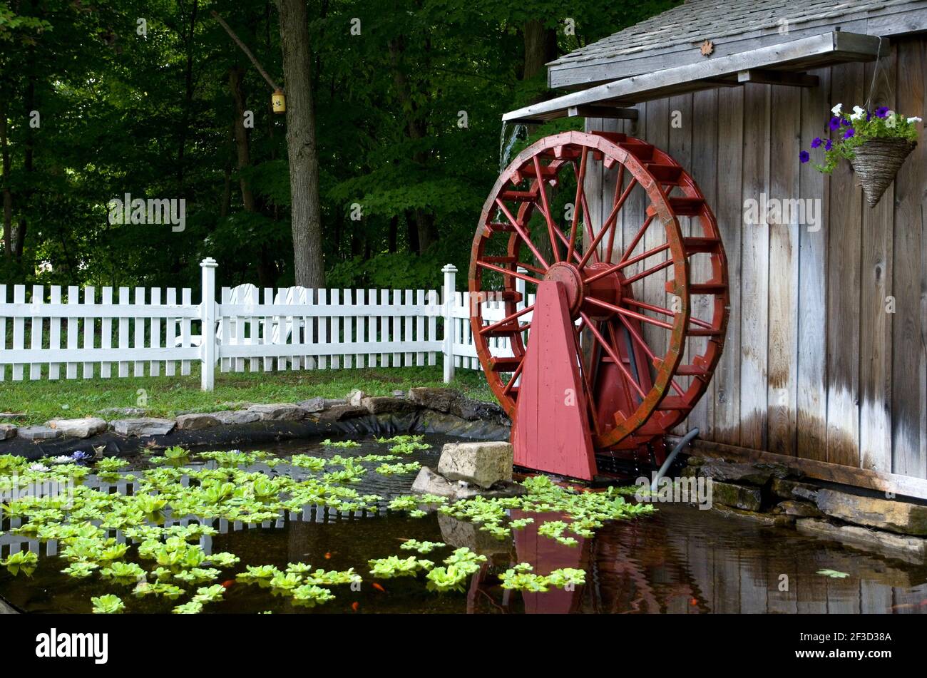 Red Watermill with Weathered Wood Building and White Fence Horizontal ...