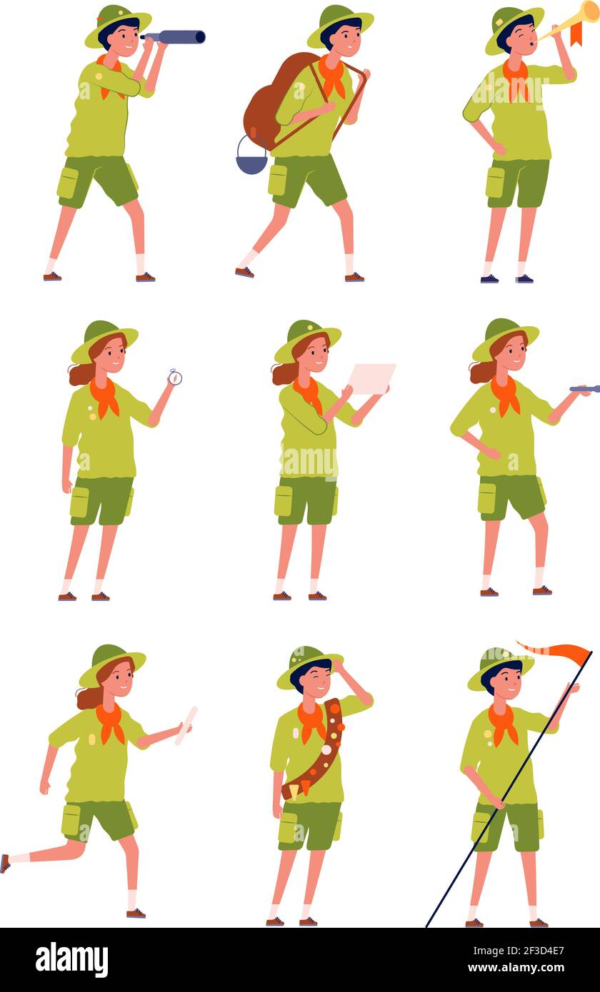 Kids scouts. Childrens specific uniform camping characters boys and ...