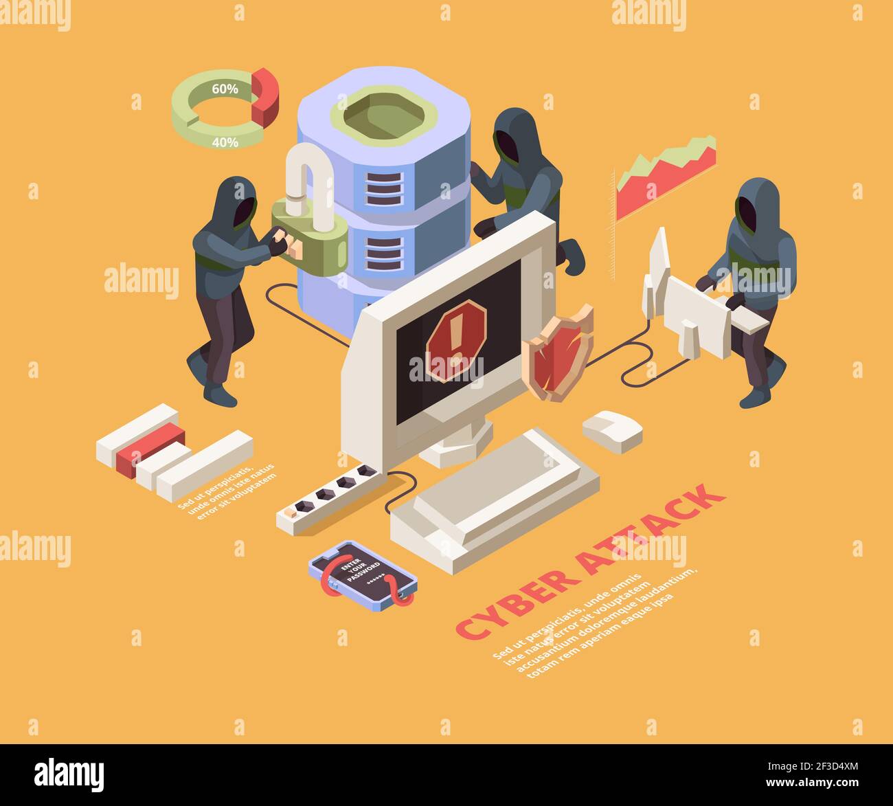 Hacking attack. Computer viruses or phishing pages cyber data protection vector isometric ...