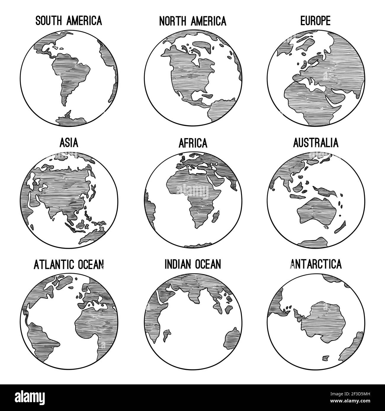 Earth globe doodle. Planet sketched map america india africa continents ...
