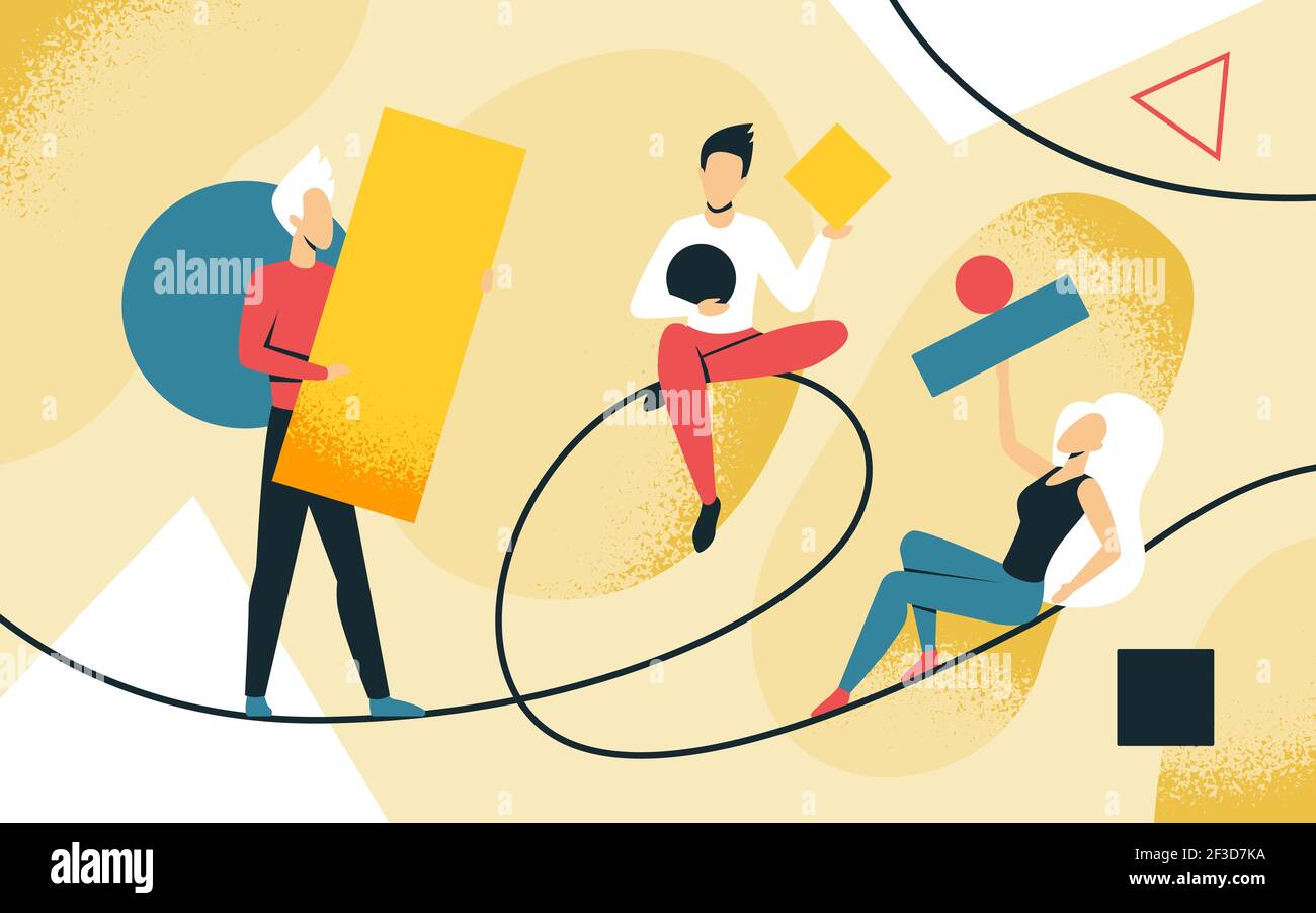 Creative problem solving, people holding abstract figures and forms ...