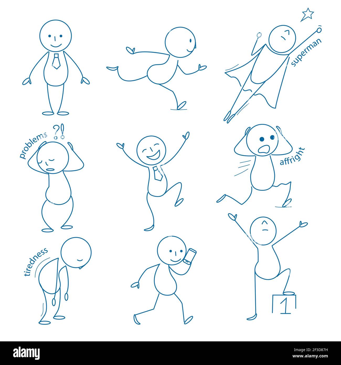 Business stickman. Hand drawn figures in different action poses running ...