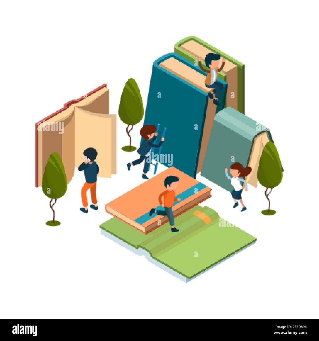 Reading concept. Isometric books, reading people vector illustration ...