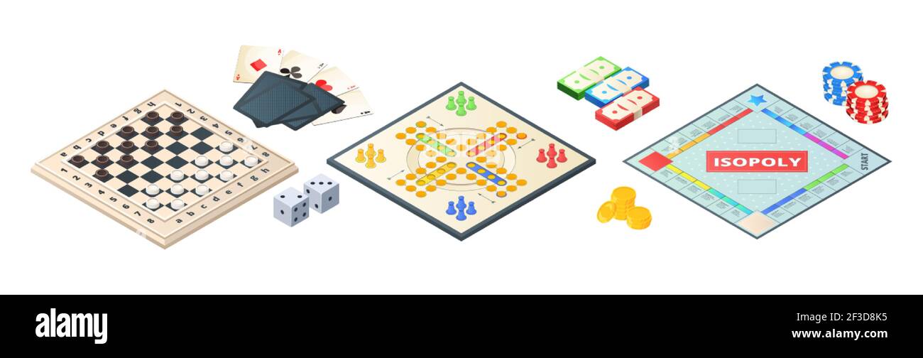 Board games isometric. Various tools for board games. Dices, pawns ...