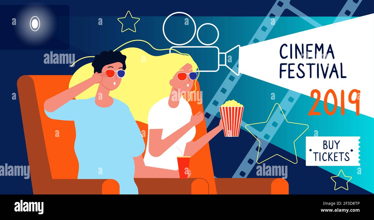 Cinema poster. Film festival concept with happy characters watching ...