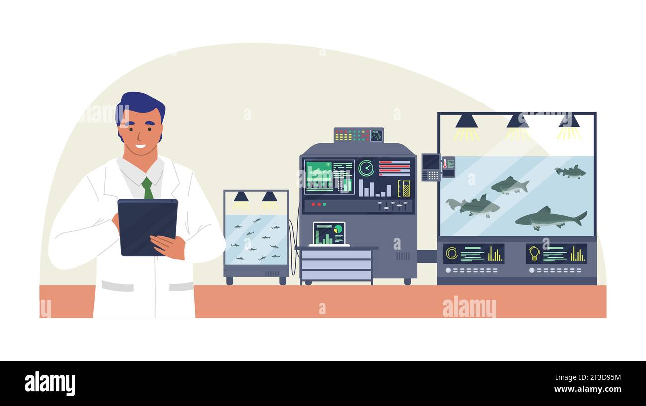 Smart fish farm, flat vector illustration. Iot, smart farming ...