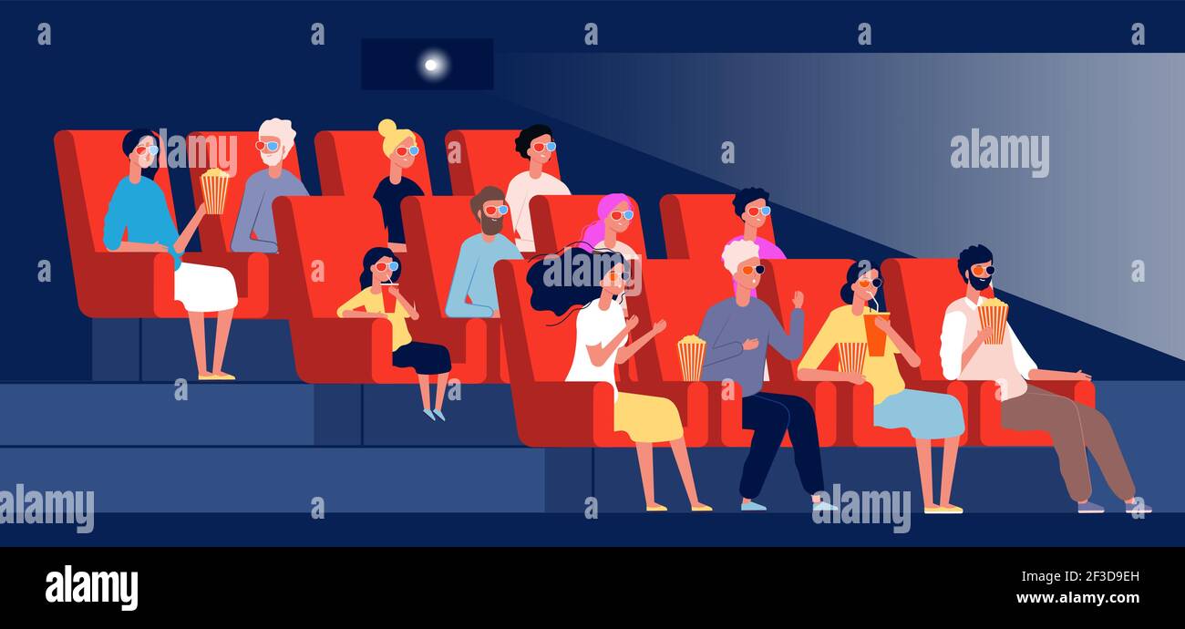 Characters watching movie. Persons sitting in chairs in cinema hall ...