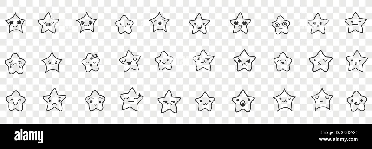 Stars with emoji faces doodle set. Collection of hand drawn cute funny ...