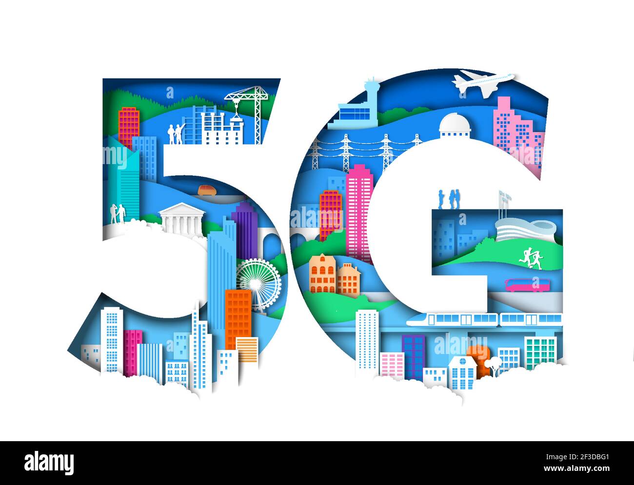 5G symbol with city elements. Vector illustration in paper art style ...