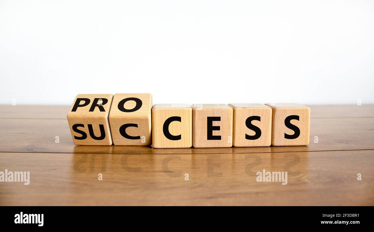 Success process symbol. Turned wooden cubes and changed the word ...
