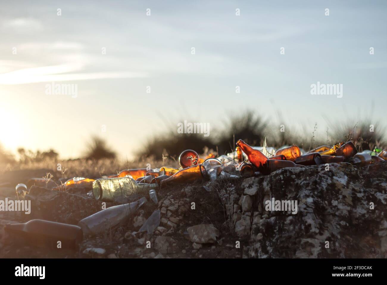 Alcoholic drinks empty glass bottles litter in the countryside Stock ...