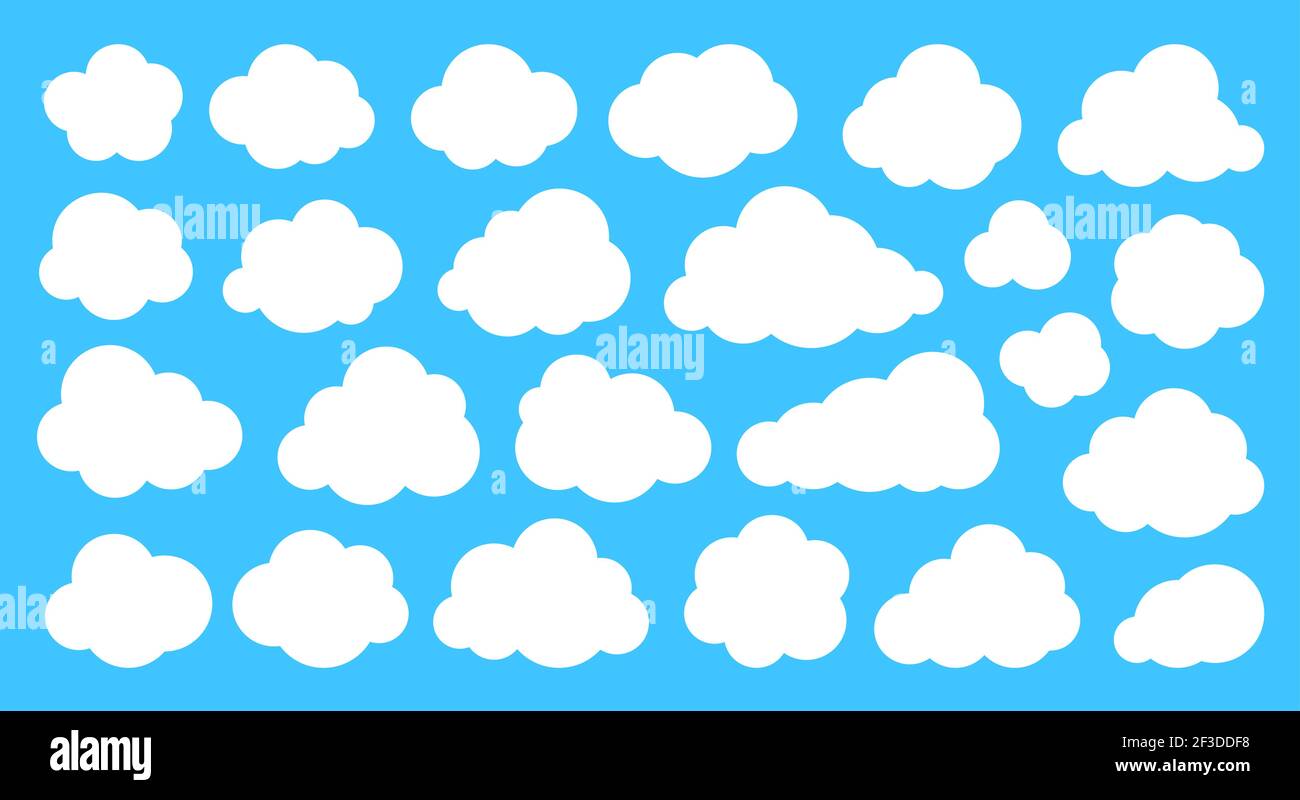 Abstract white flat clouds set isolated on blue sky background ...