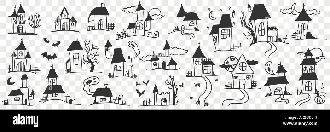 Buildings and houses with ghosts doodle set. Collection of hand drawn ...