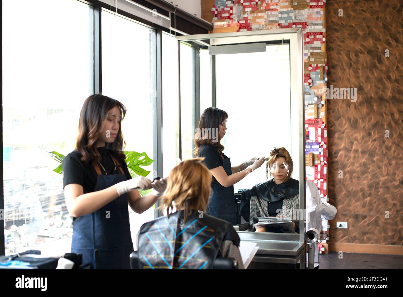 Asian female hairdresser make hairstyles for female customers in modern ...
