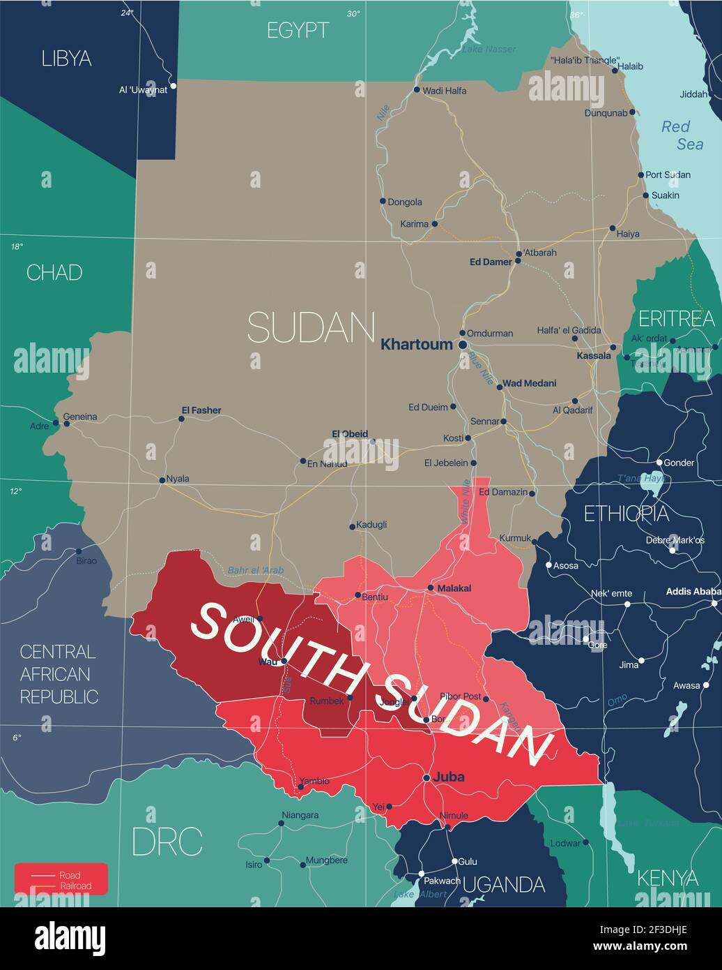 South Sudan country detailed editable map with regions cities and towns ...