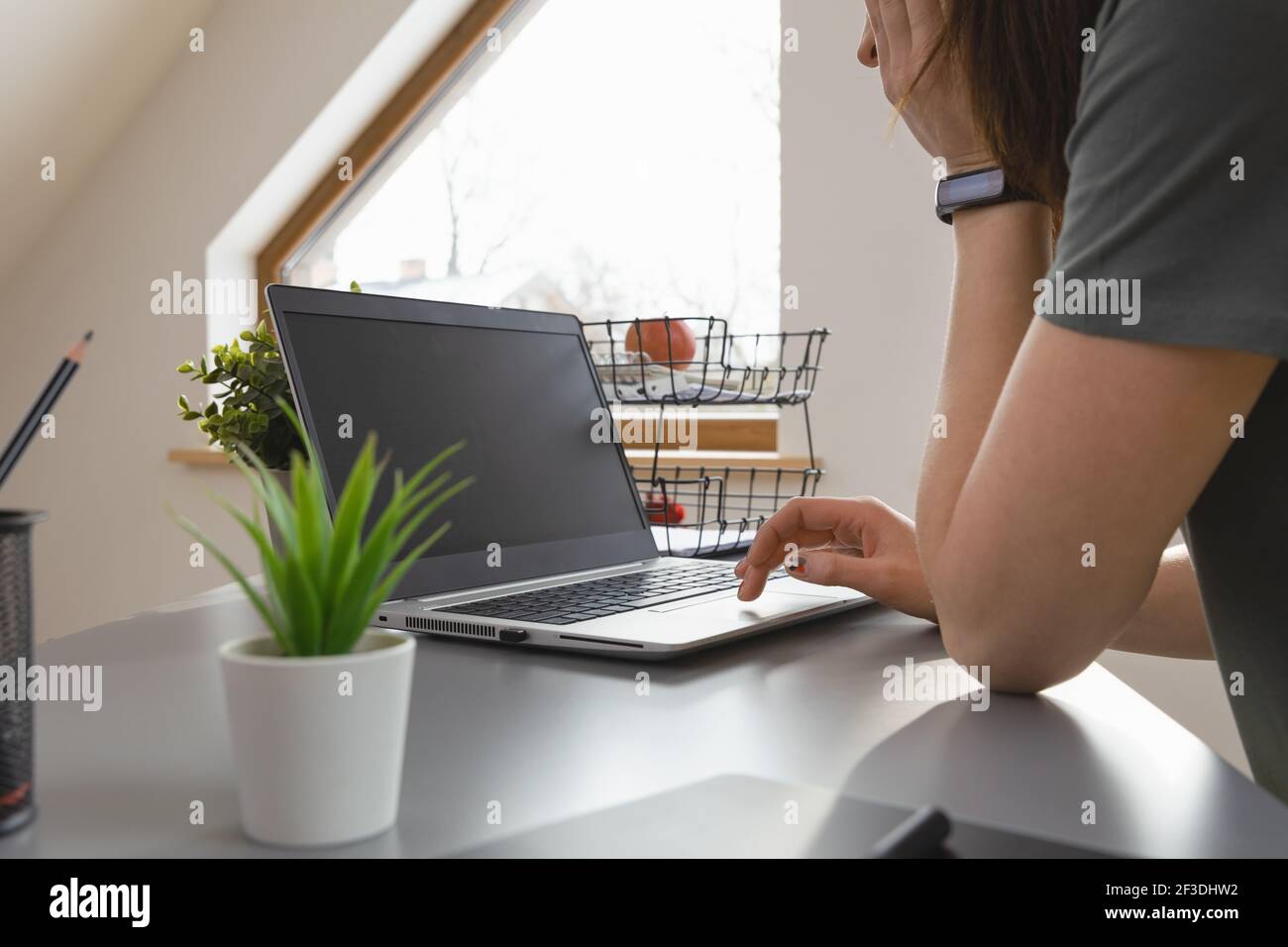 Women browsing in internet by using a mouse pad. Working from home a ...
