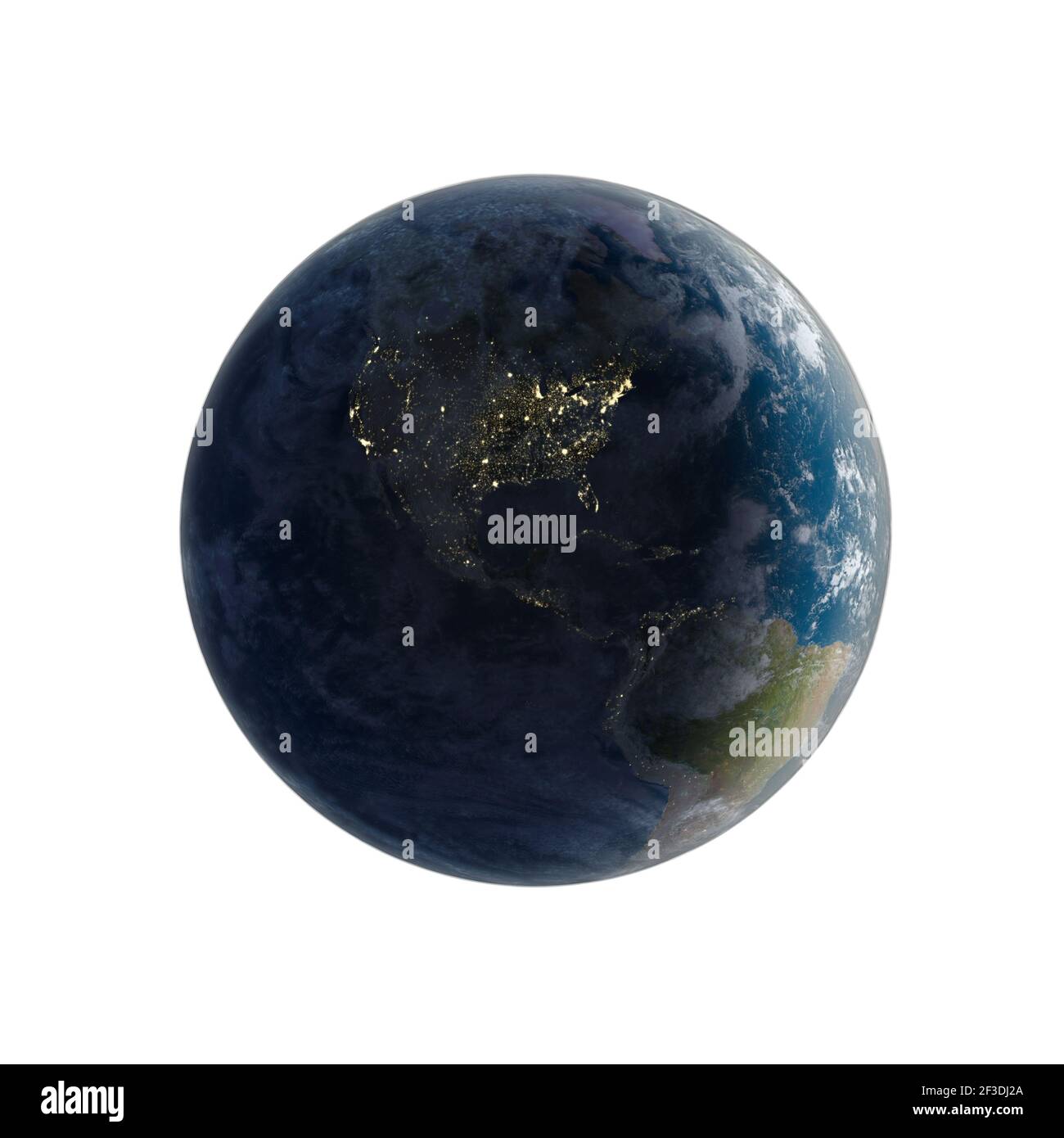 3D rendering of Planet Earth from space at night, with North and South ...