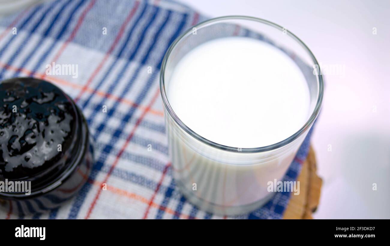 Fresh Milk Glass Top View Isolated Milk Jam Wooden Board Stock Photo ...