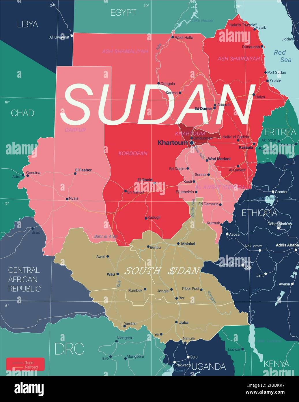 Sudan country detailed editable map with regions cities and towns, roads and railways ...