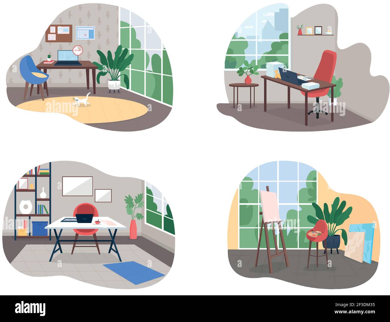 Home work studio 2D vector web banner, poster set Stock Vector Image ...