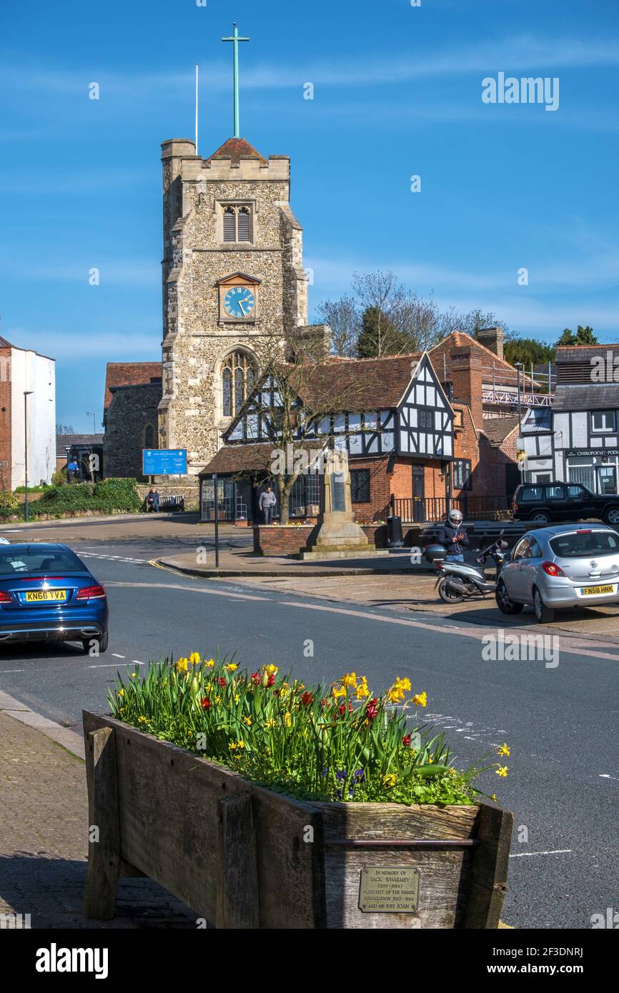 Pinner Village high street with medieval hilltop church St John the ...