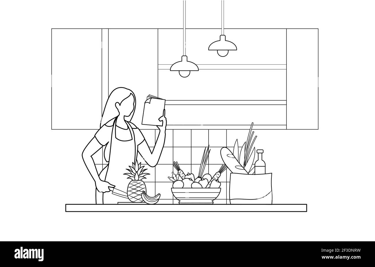 Line art drawing of woman cooking in the kitchen. Cute lady chopping ...