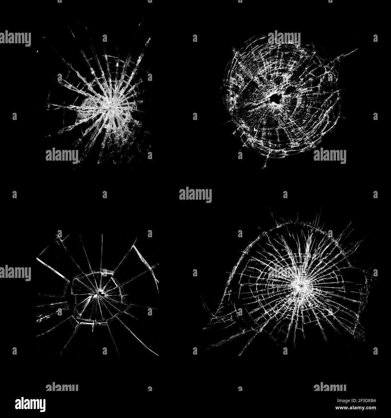 Set of cracked and chipped broken glass on black background. Abstract ...