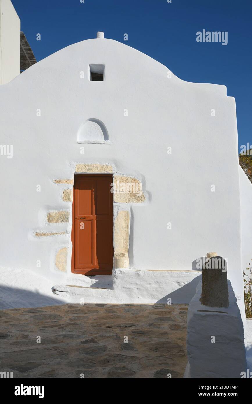 Traditional whitewashed Greek Orthodox chapel in Amorgos island ...