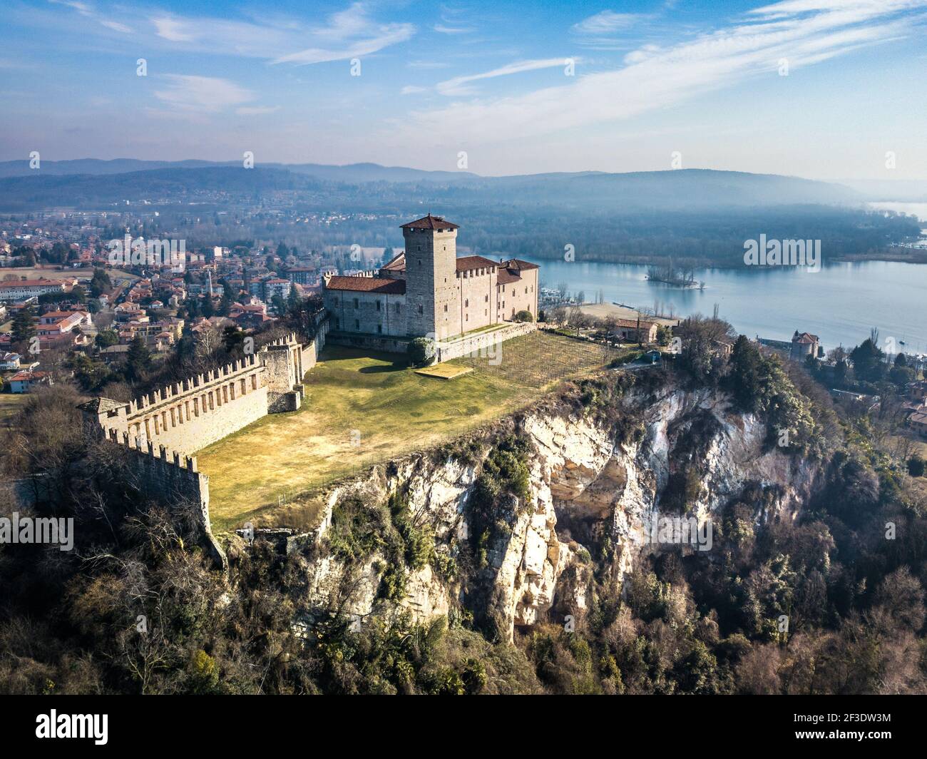 Aerial view of medieval castle with tower and fortified wall located at ...
