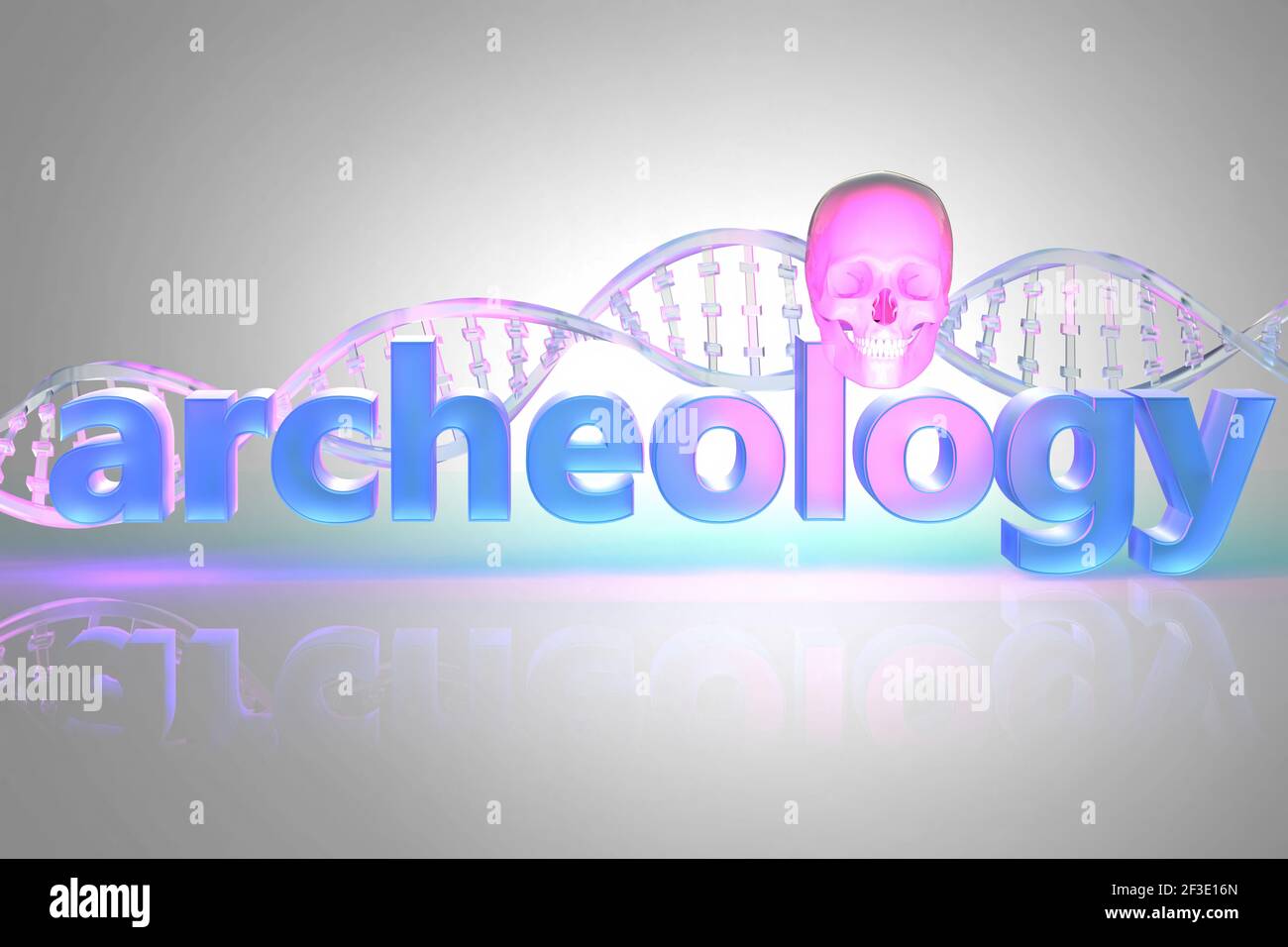 The word Archaeology. DNA and human skull in background, 3d ...