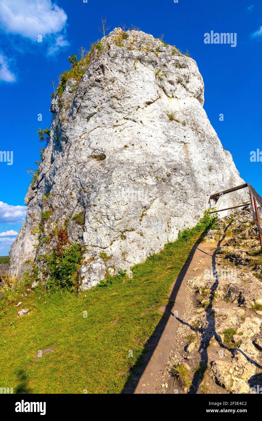 Podzamcze, Poland - August 25, 2020: Limestone rock tower in Gora Birow ...