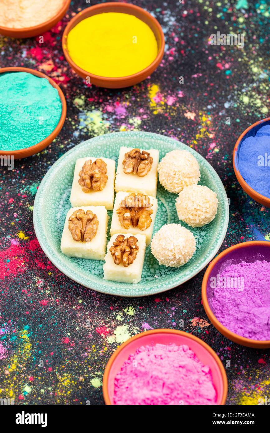 Traditional Indian dessert burfi for Holi Stock Photo - Alamy