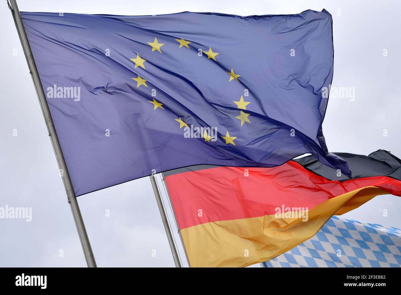 German flag flies next to the European flag, European Union. | usage ...