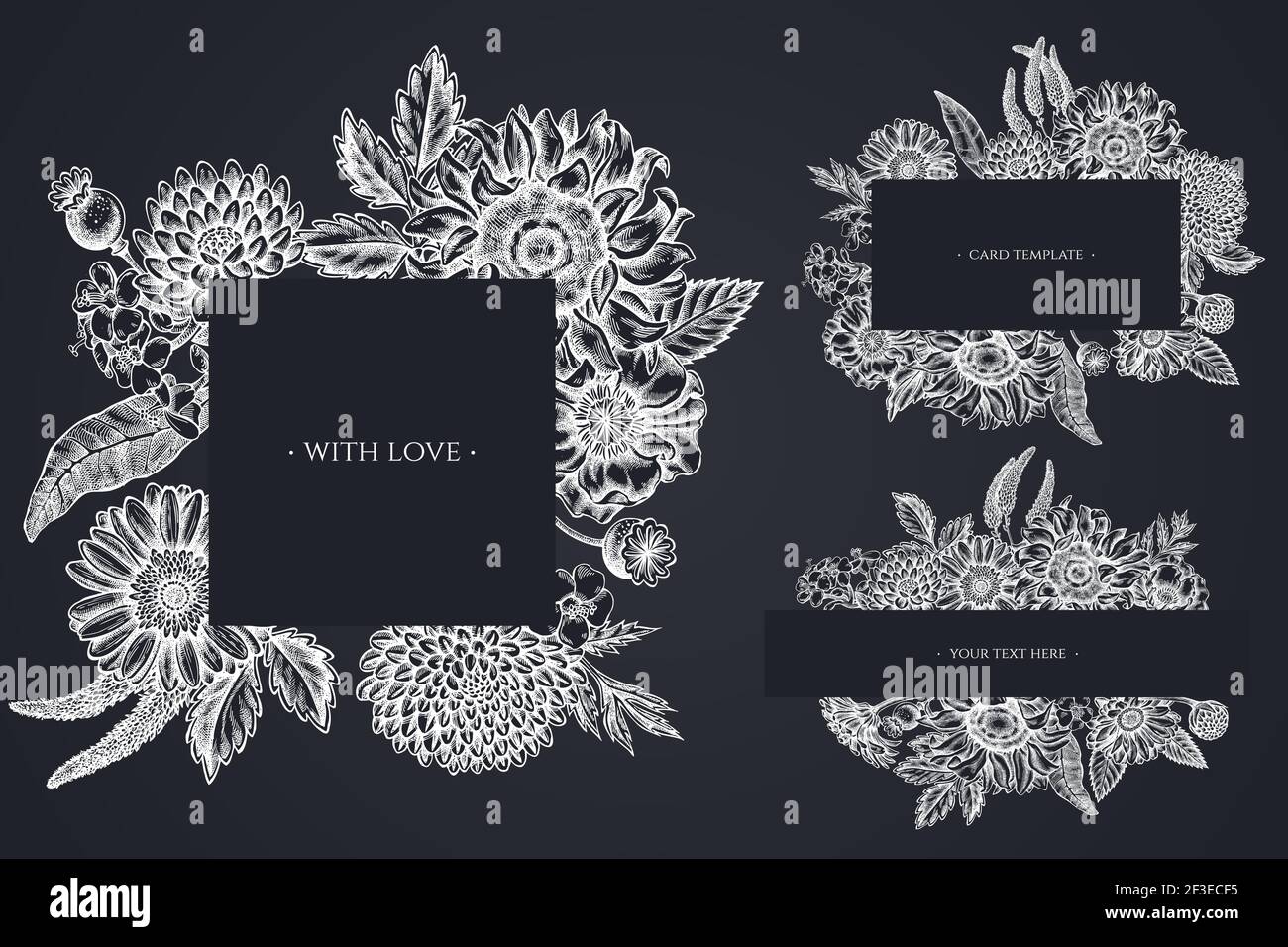 Floral frames with chalk poppy flower, gerbera, sunflower, milkweed ...