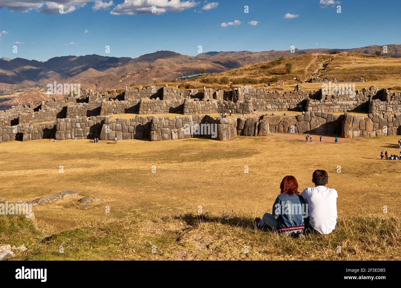 huge walls of Inca Fortress Saqsayhuaman, close above Cusco, Peru ...