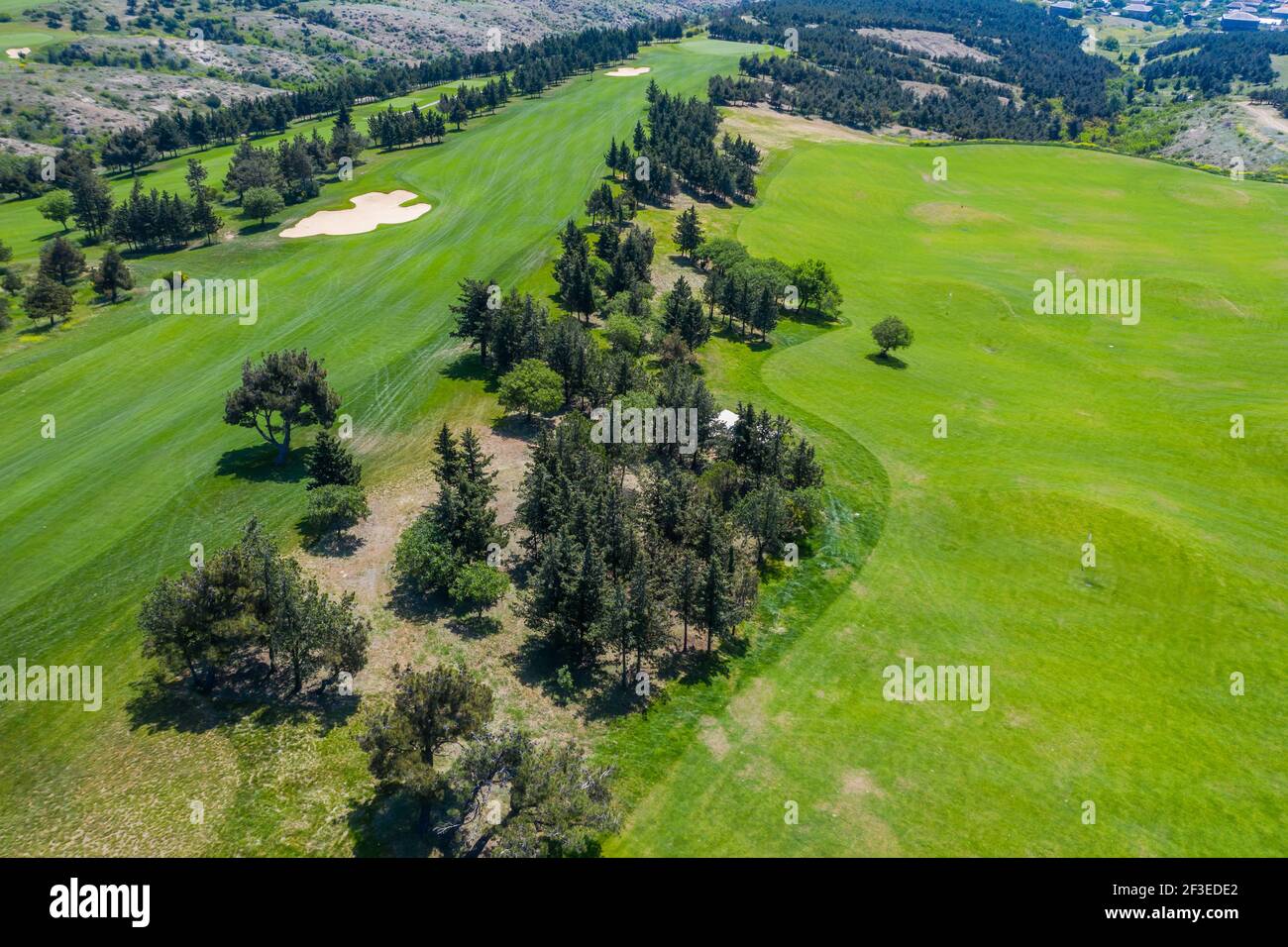 Aerial view of the green golf course in Tbilisi. Georgia. Bird's-eye ...