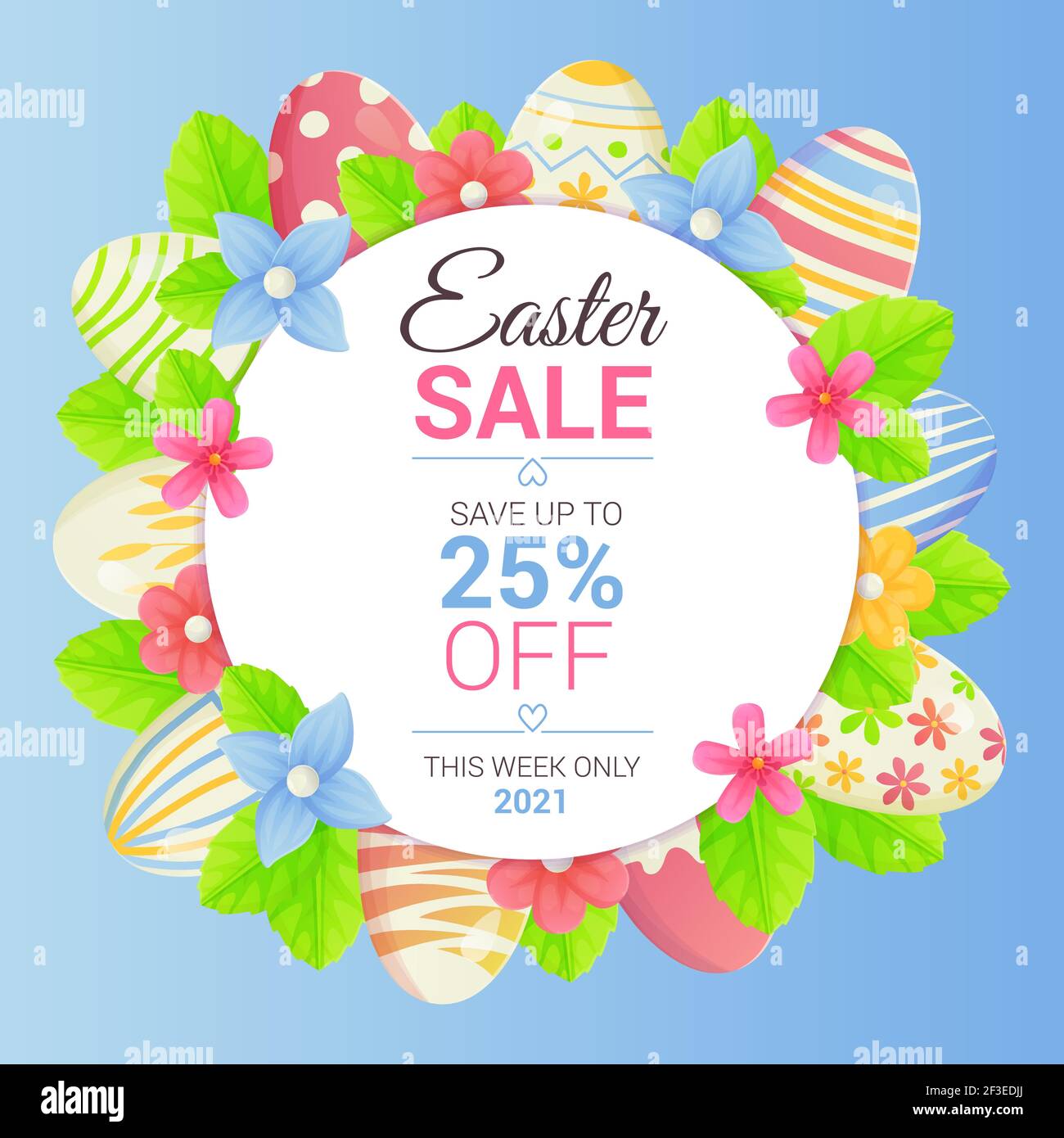 Round Easter sale banner with eggs, lives and flowers. Spring season ...