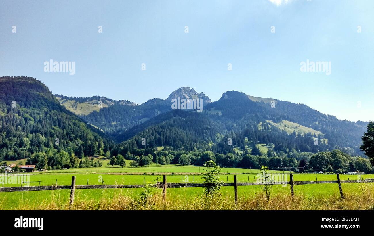 A landscape of farm field with trees on mountainside background in ...