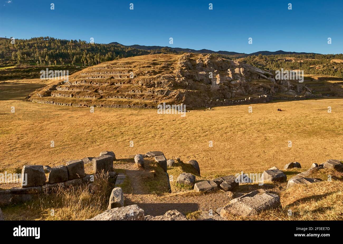 huge walls of Inca Fortress Saqsayhuaman, close above Cusco, Peru ...