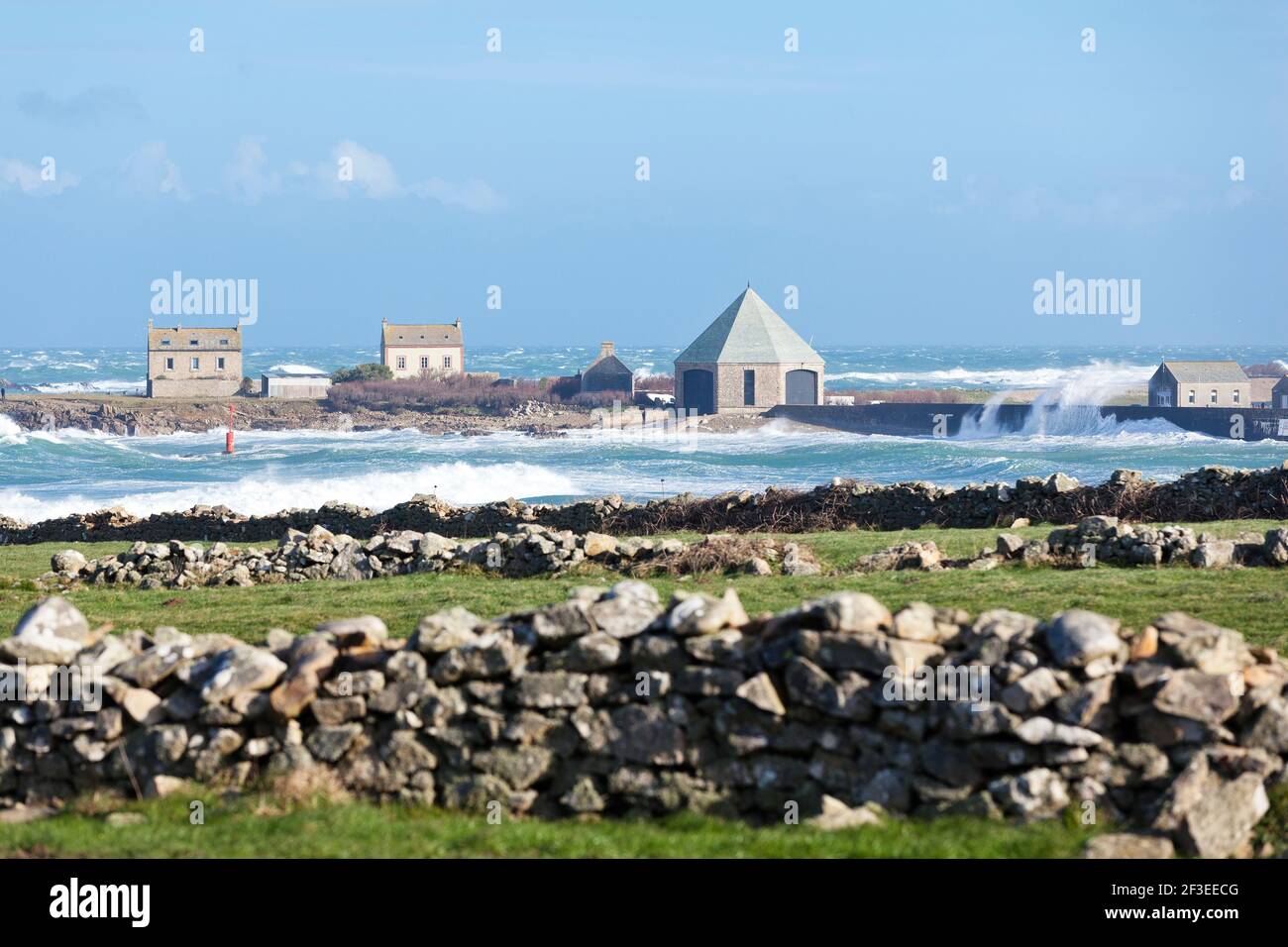 The port of Goury on the Cotentin Peninsula during a storm. Old stone ...