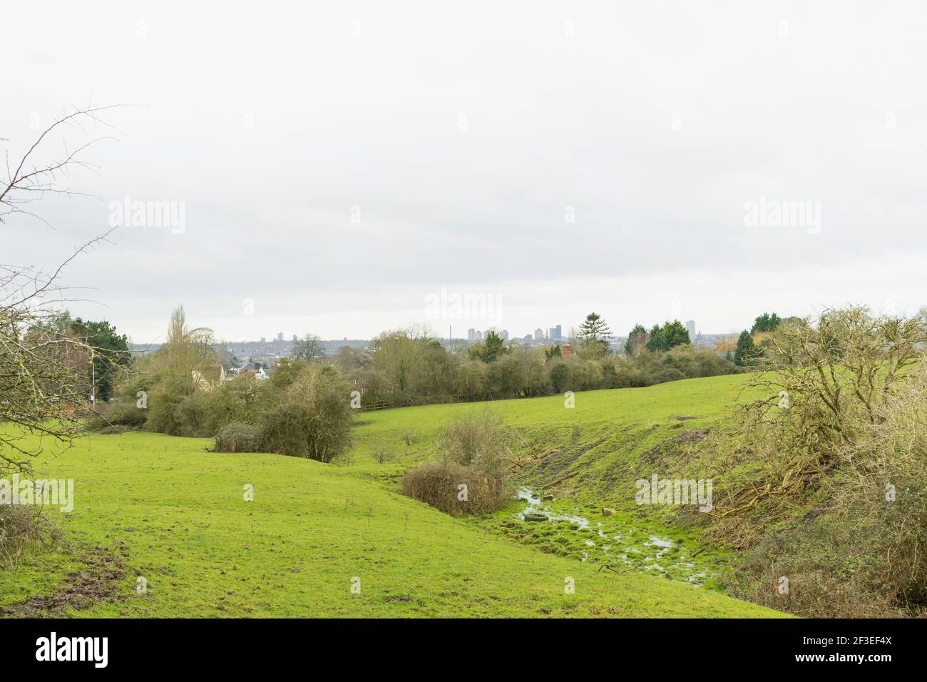 Rooftops, countryside, trees, field, high buildings in Leicester city ...