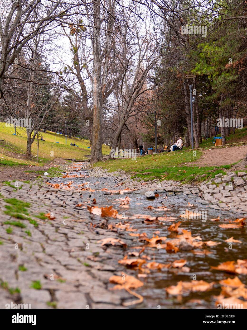 Small water spring flowing in segmenler park and unrecognizable people ...