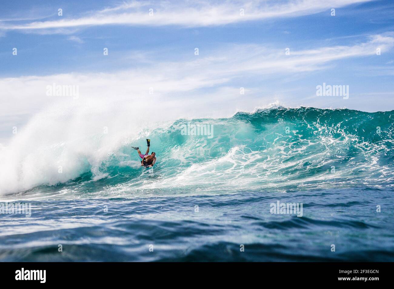 December 30, 2020. Bali, Indonesia. Bodyboarder ride on bodyboard at ...