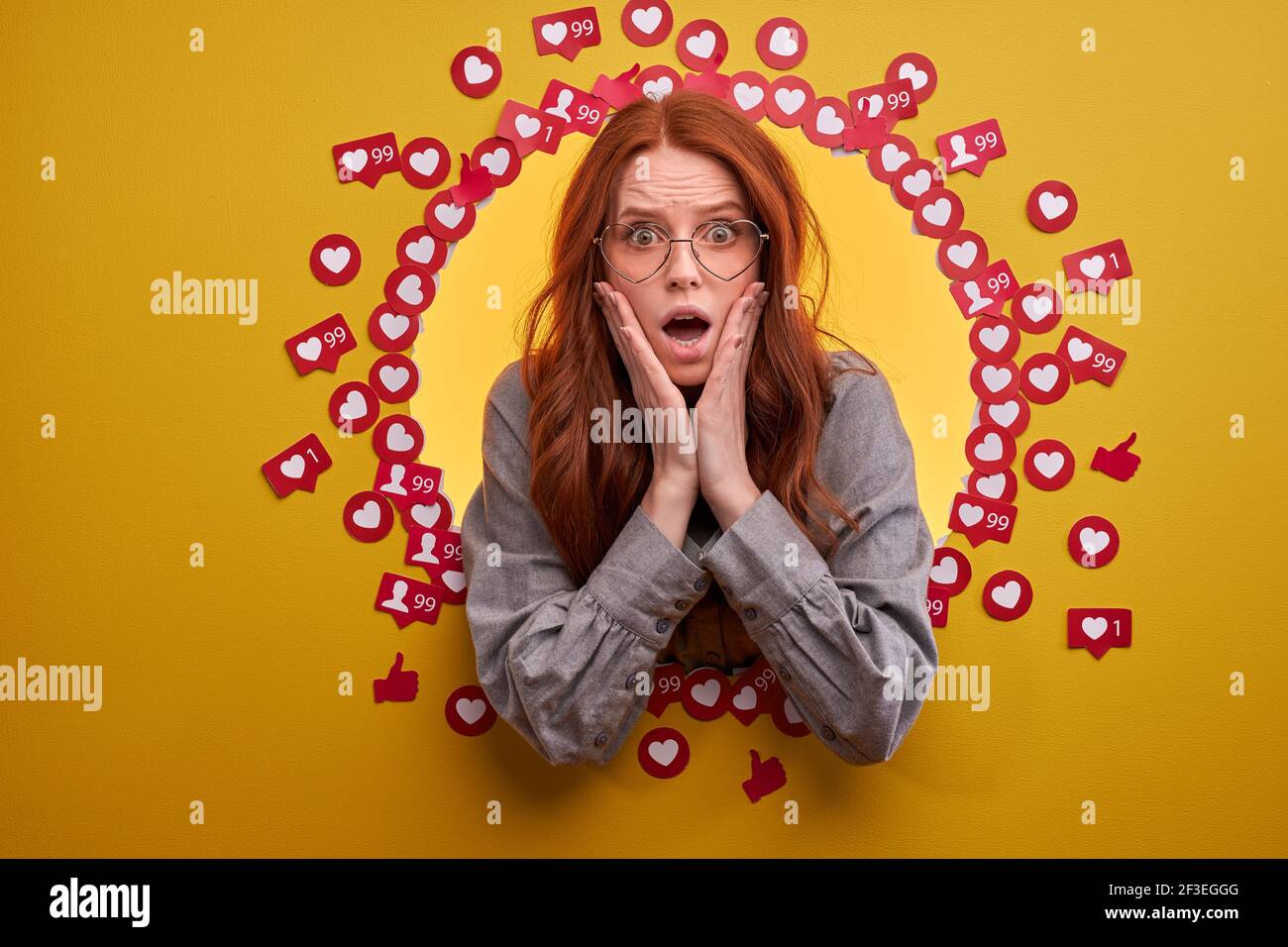 surprised female in shock by comment in blog or post, give emotional ...
