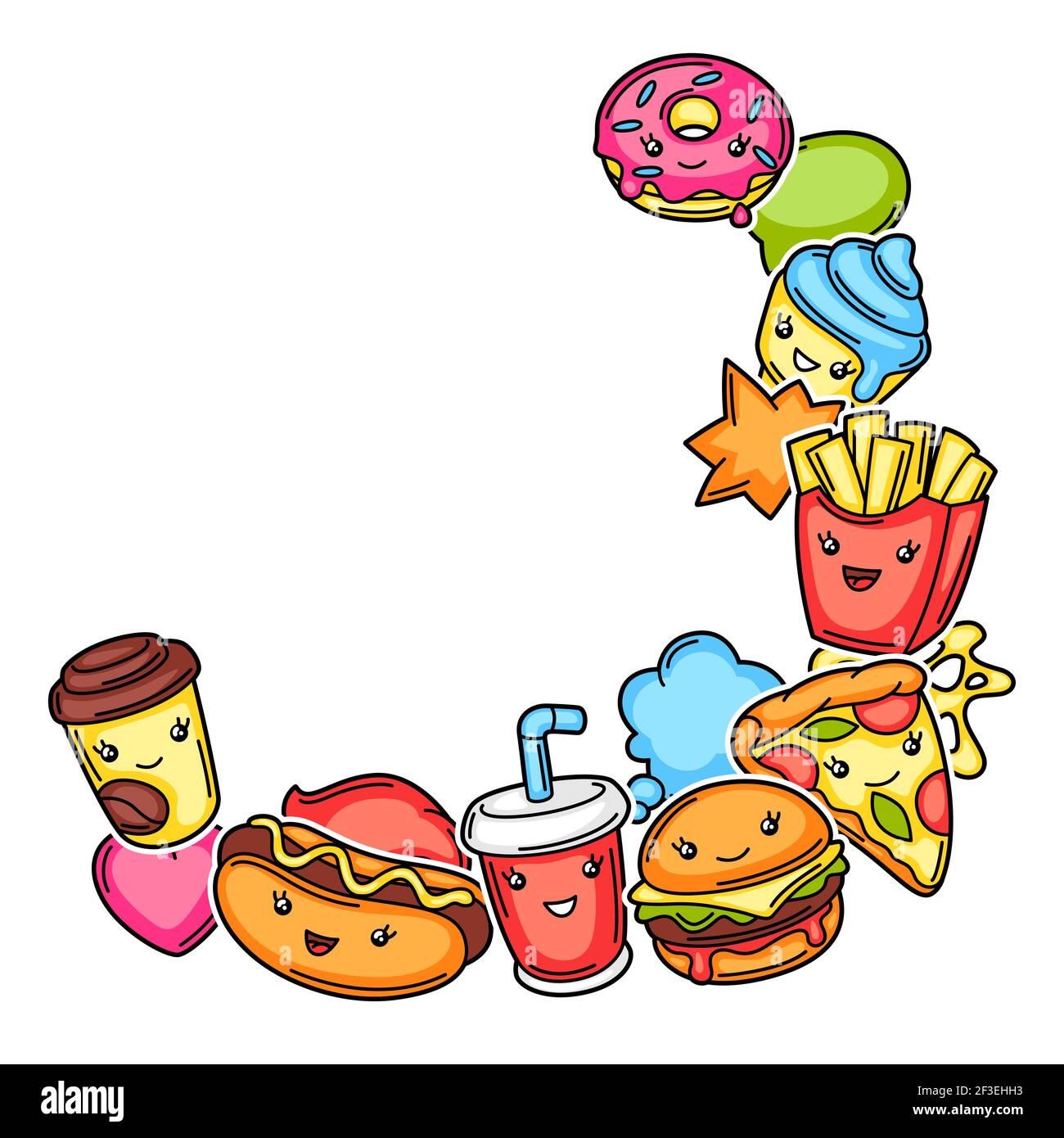 Frame with cute kawaii fast food meal. Tasty characters of fastfood ...