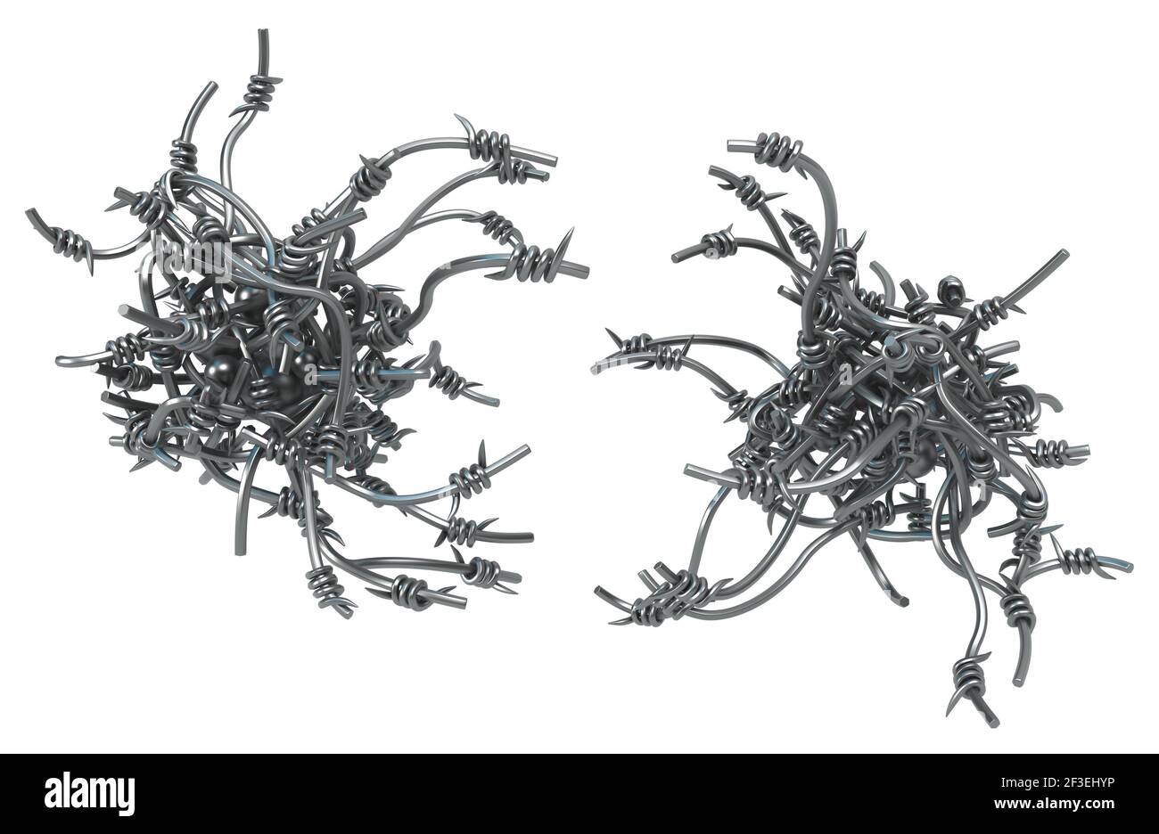 Barbed wire knot tangles, grey metal 3d illustration, isolated ...